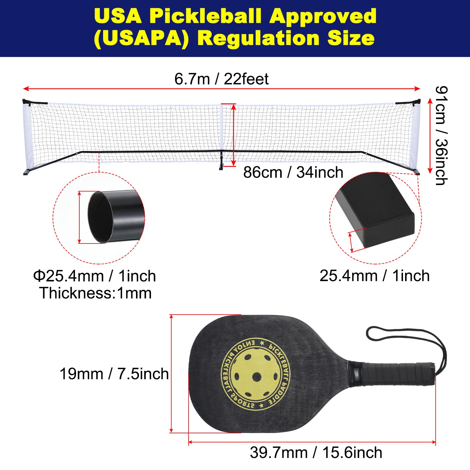 PATIKIL Pickleball Net Set 22FT Regulation Size Portable Net System with 6 Pickleball, 4 Paddles & Carrying Bag for Driveway Backyards Indoor Outdoor, Black