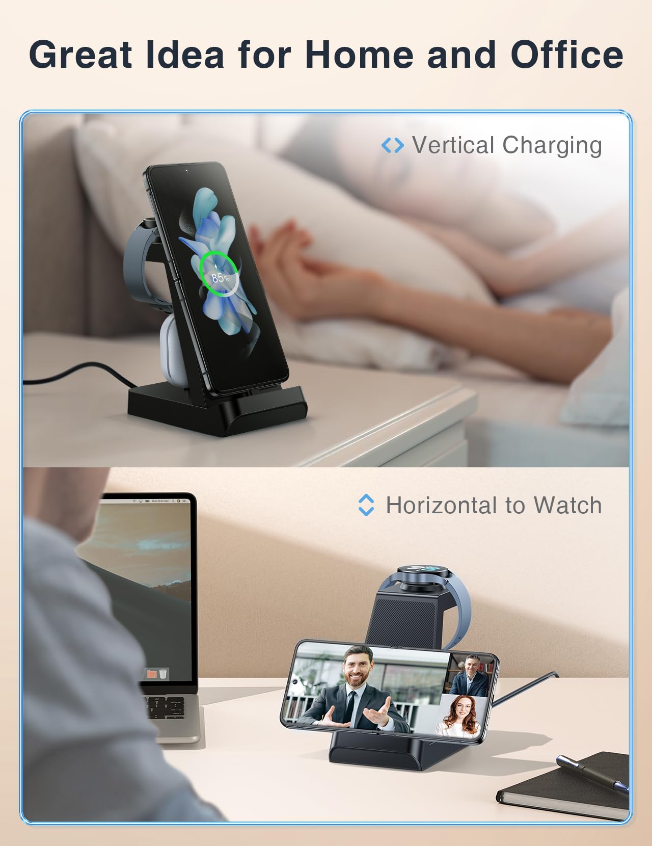 Charging Station for Samsung and Android Devices 3-in-1 Charging Stand for Galaxy S23 S22 S21 Z Flod Flid Wireless Charger for Galaxy Watch