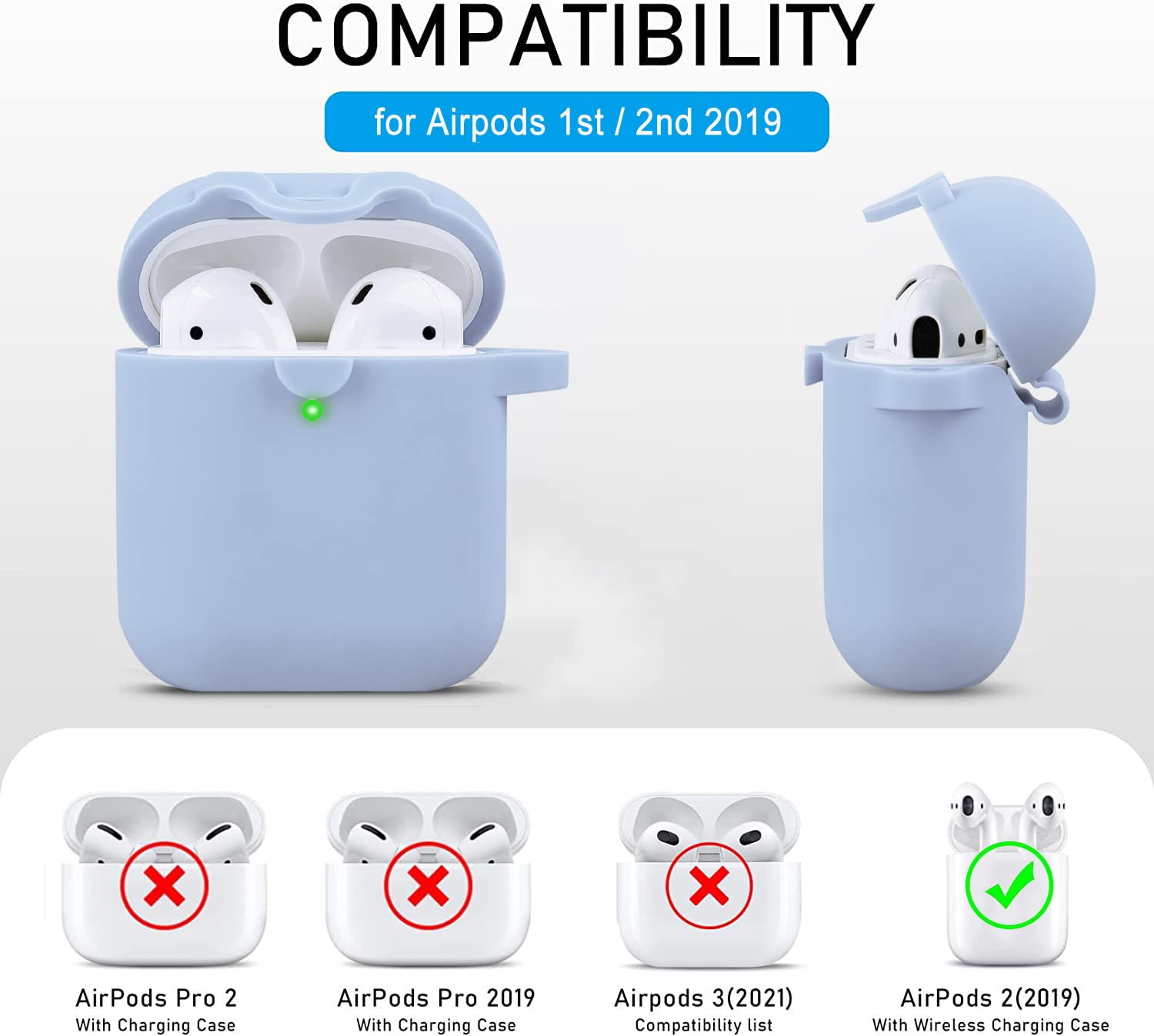 VOTILE Secure Lock Silicone Case Compatible with AirPods Case 1 & 2 with Bling Keychain, Soft Protective Earpod Case Cover Earbuds Cases Women Girls for Apple Air Pod 2 Case - Sky Blue
