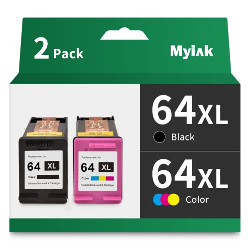 64XL Ink Cartridges Myink Remanufactured Replacement for HP 64XL N9J92AN N9J91AN use with Envy Photo 7855, 7858, 6200, 7100, 7800; Tango Series (1 Black, 1 Tri-Color)