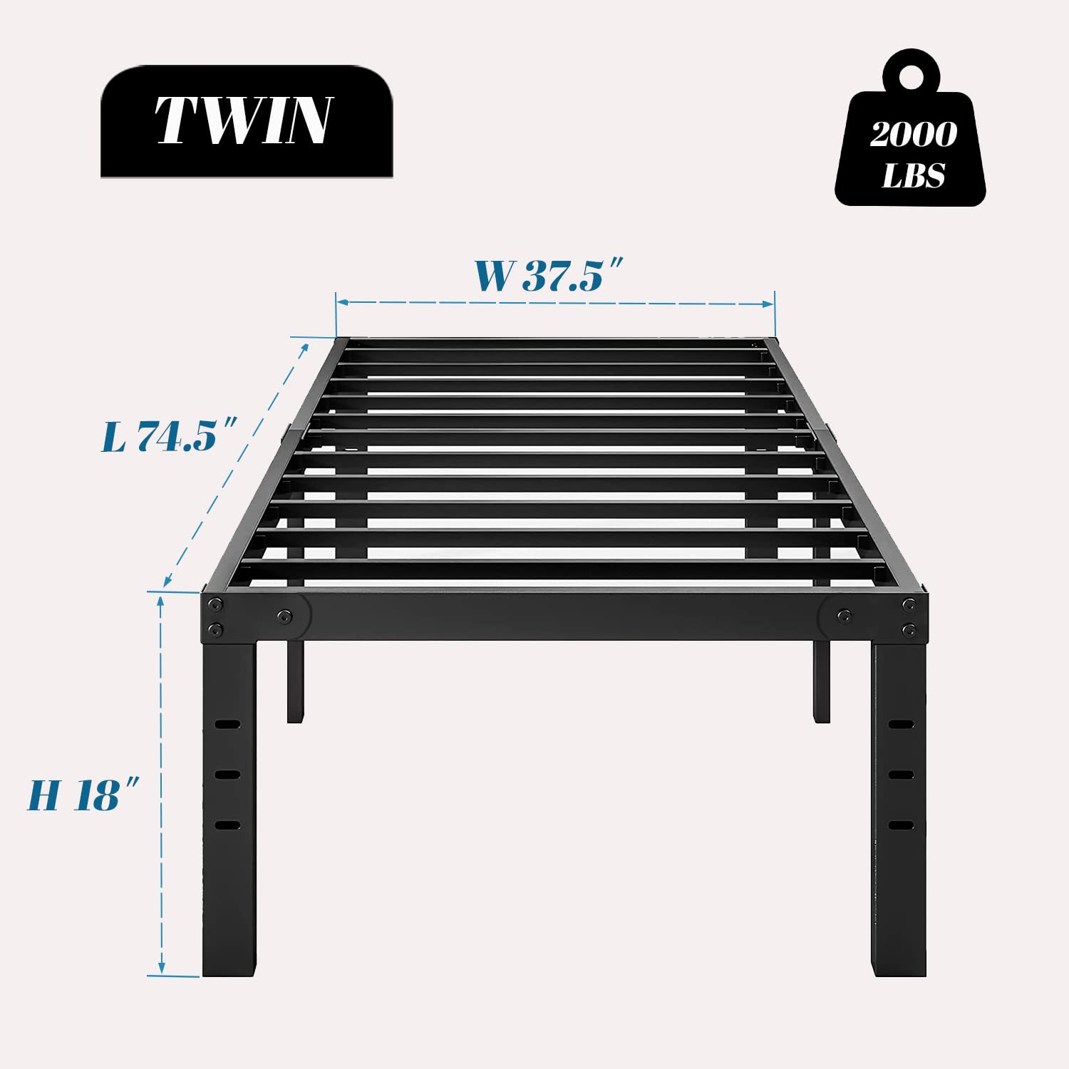 Chezisam Heavy Duty Twin Size Bed Frame 18 "High Metal Platform Bed Sturdy Steel Slat Mattress Base,with Bed Bottom Storage Space,No Box Spring Needed,Quick Installation,Non-Slip Noiseless