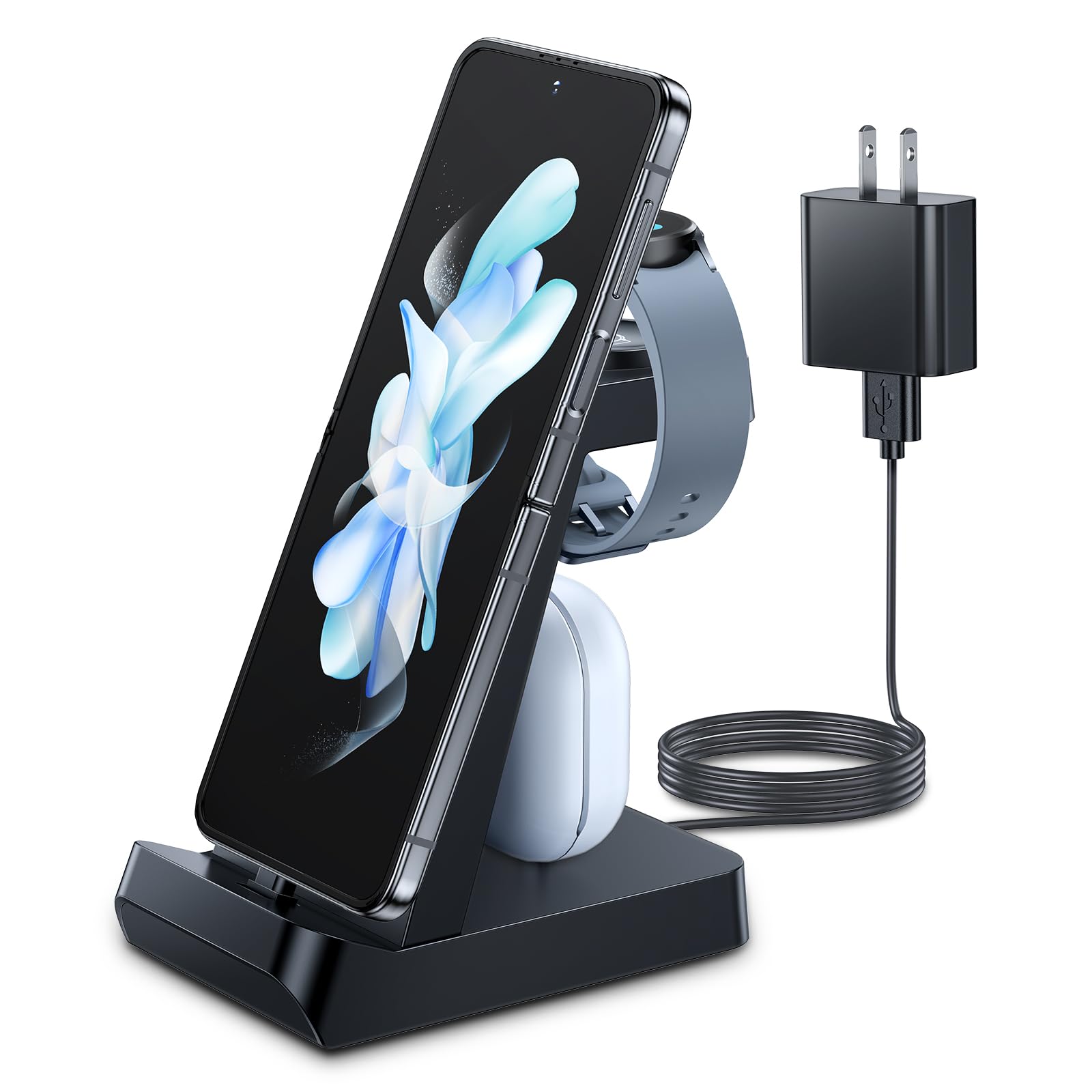 Charging Station for Samsung and Android Devices 3-in-1 Charging Stand for Galaxy S23 S22 S21 Z Flod Flid Wireless Charger for Galaxy Watch
