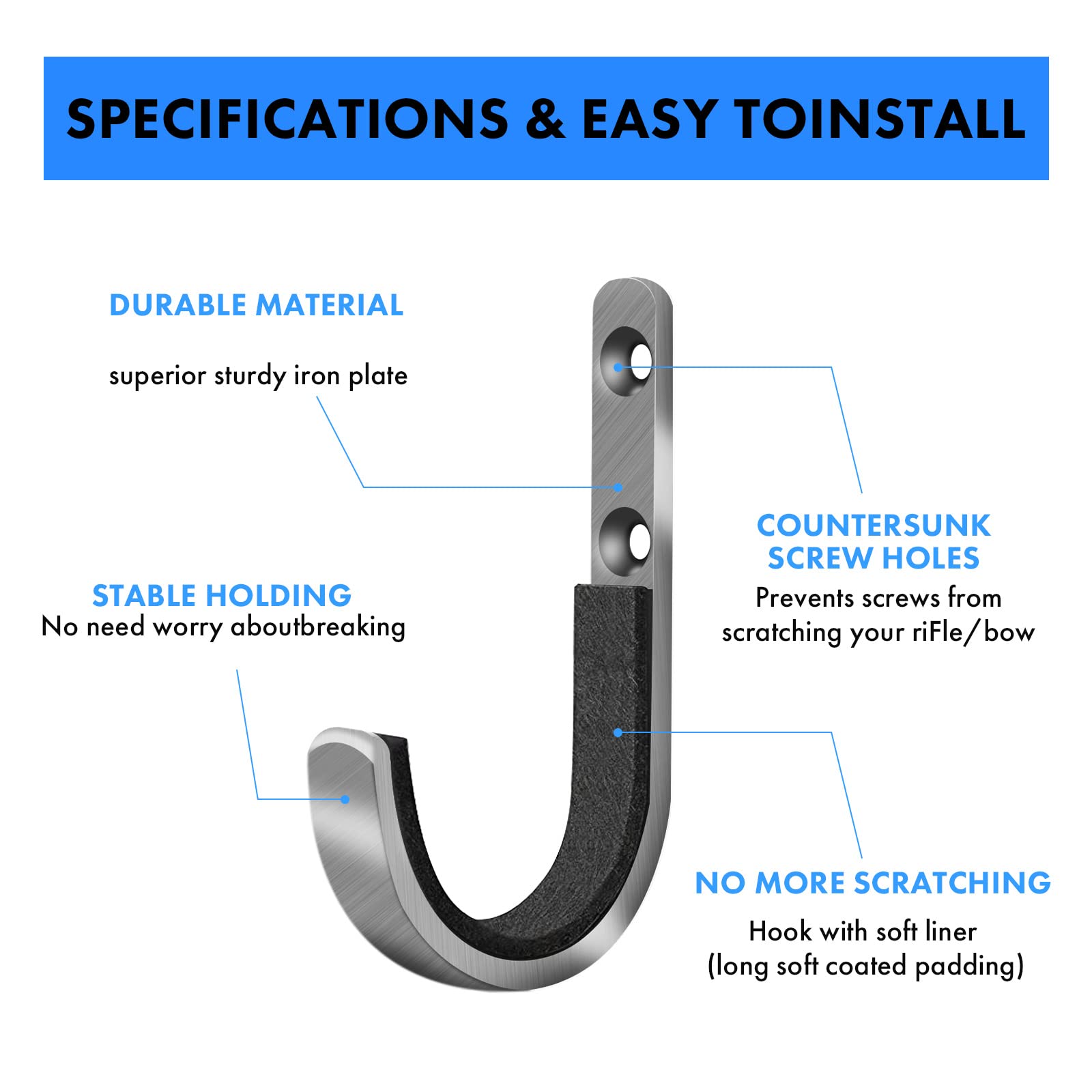 PIHSSFULL Secure Gun Hooks for Wall - Heavy Duty Steel Rifle and Shotgun Rack with Soft Padding for Safe Storage and Display