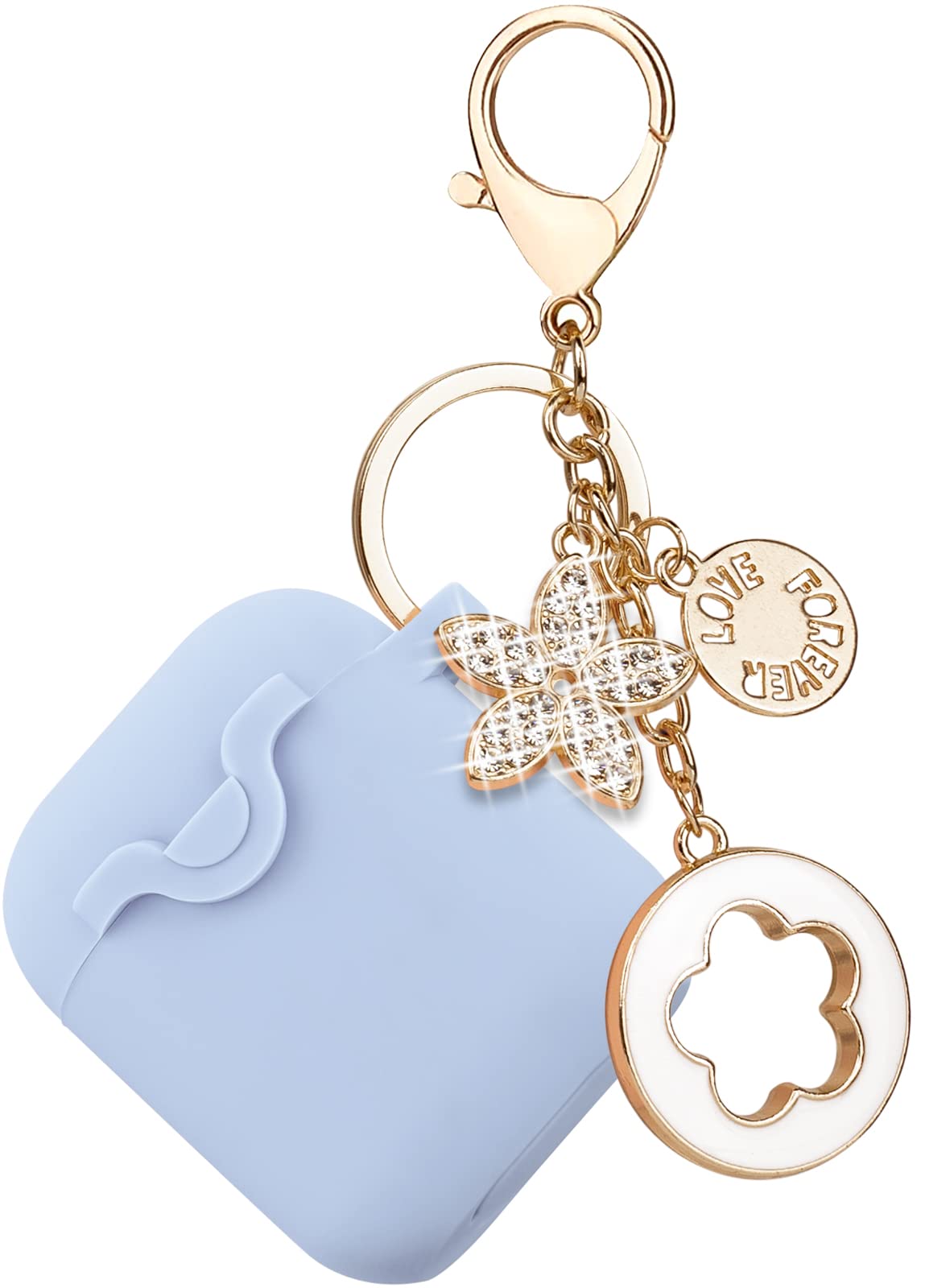 VOTILE Secure Lock Silicone Case Compatible with AirPods Case 1 & 2 with Bling Keychain, Soft Protective Earpod Case Cover Earbuds Cases Women Girls for Apple Air Pod 2 Case - Sky Blue