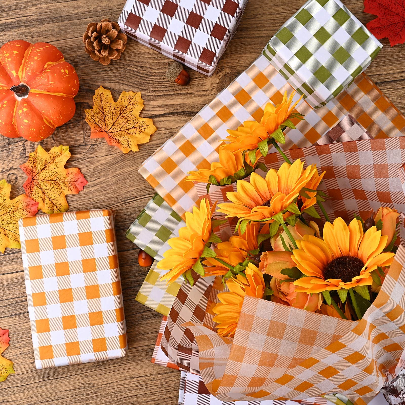 50 Sheets Large Size Autumn Plaid Tissue Bulk, 28 * 20'' Brown Green Yellow Red Orange Buffalo Plaid Gift Wrapping Tissue for Fall Harvest Thanksgiving Day Party DIY Craft