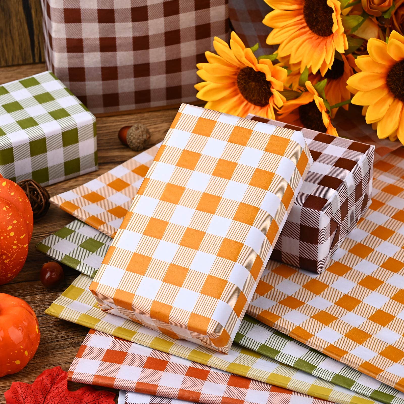 50 Sheets Large Size Autumn Plaid Tissue Bulk, 28 * 20'' Brown Green Yellow Red Orange Buffalo Plaid Gift Wrapping Tissue for Fall Harvest Thanksgiving Day Party DIY Craft