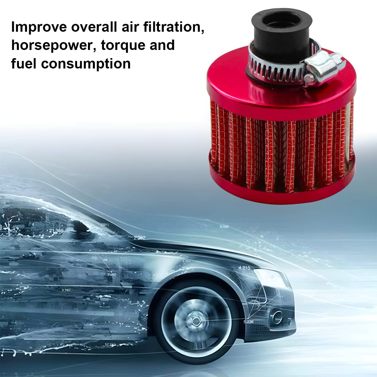 BESULEN Air Intake Filter Breather, 0.47 inch Universal Cold Air Filter, 12mm Car Turbo Vent Air Intake Filter Cleaner, Crankcase Breather Compatible with Car and Motorcycle Engine Parts (Red)