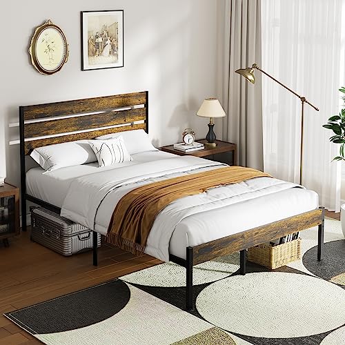 Walsunny Full Size Bed Frame with Rustic Vintage Wood Headboard and Footboard, Strong Metal Slats Support, Under Bed Storage, Easy to Install, Sturdy and Stable, No Box Spring Needed