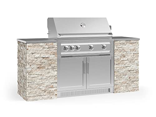NewAge Products Signature Series 6 Piece Outdoor Kitchen Cabinet Set, Stainless Steel 5-Burner BBQ Liquid Propane Gas Grill, Compact Family Patio Barbecue Grilling Set, Ivory Travertine, 68580