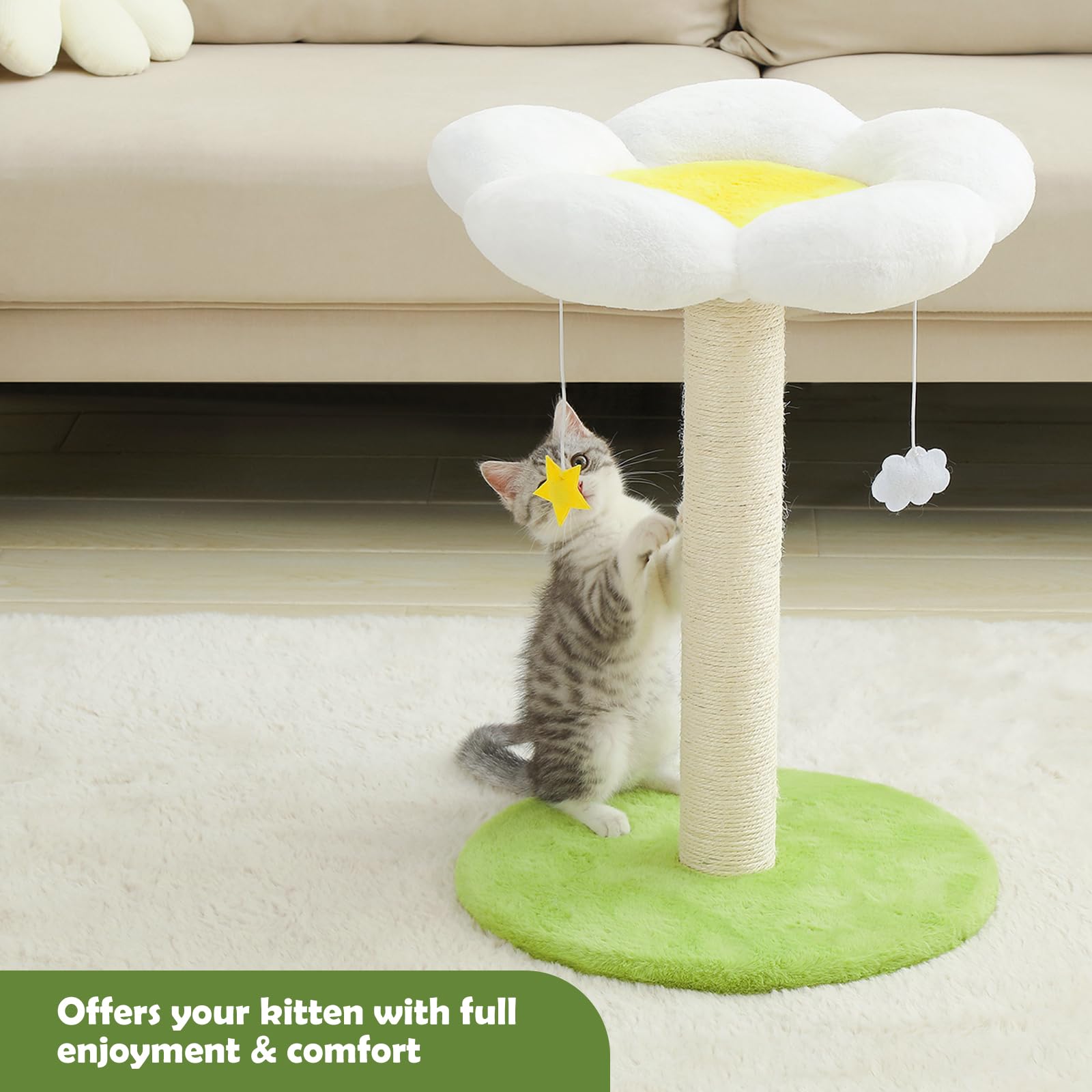 Hovicaed Cute Cat Scratching Post, Flower Cat Tree for Indoor Cats, Cat Scratcher with Bed, Sisal Scratch Posts Kittens Bed Large Perch Modern Small Cat Tower with Hanging Toys