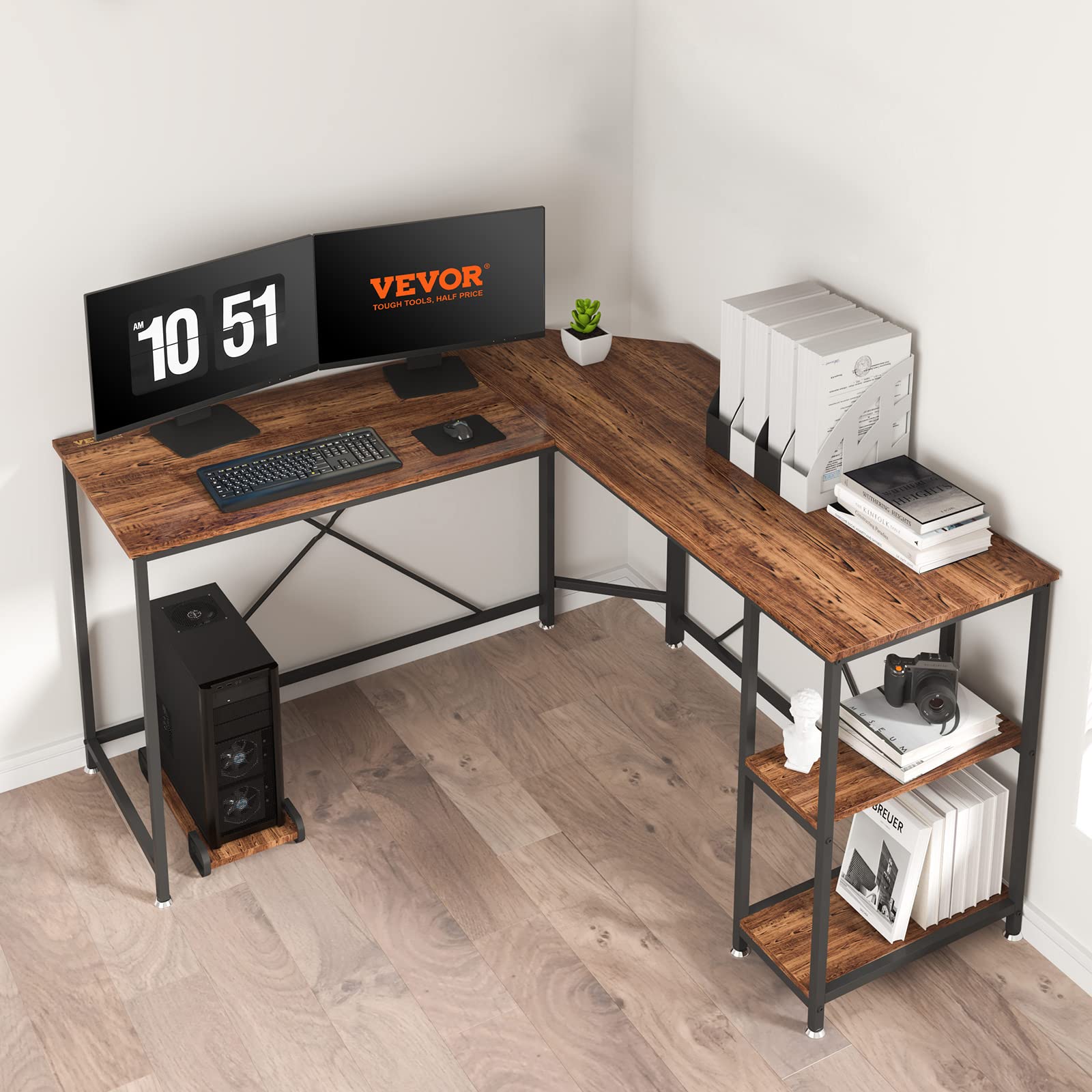 VEVOR L Shaped Computer Desk 54' Corner Desk with Storage Shelves & CPU Stand Corner Computer Desk Gaming Desk for Home Office Workstation Rustic Brown