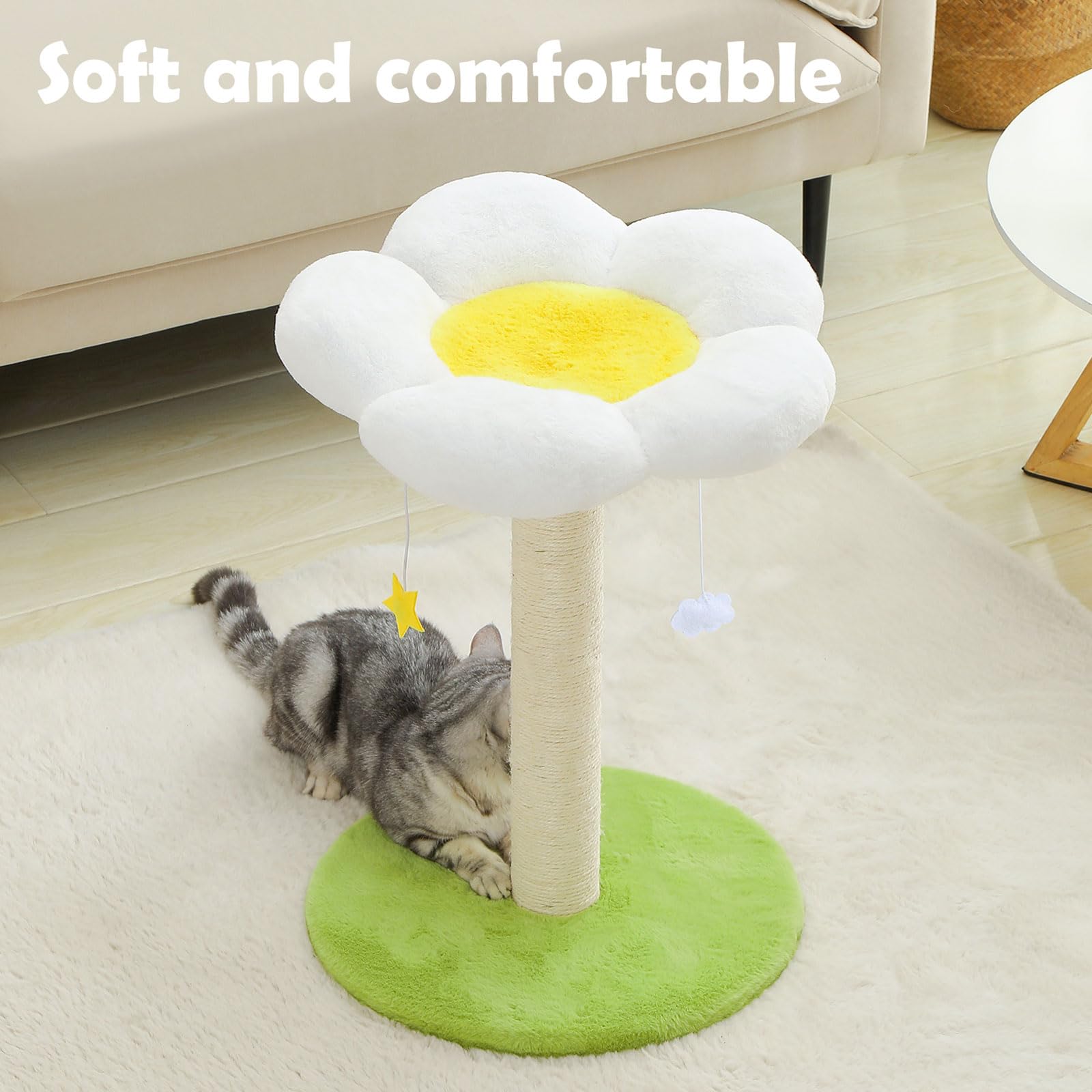 Hovicaed Cute Cat Scratching Post, Flower Cat Tree for Indoor Cats, Cat Scratcher with Bed, Sisal Scratch Posts Kittens Bed Large Perch Modern Small Cat Tower with Hanging Toys