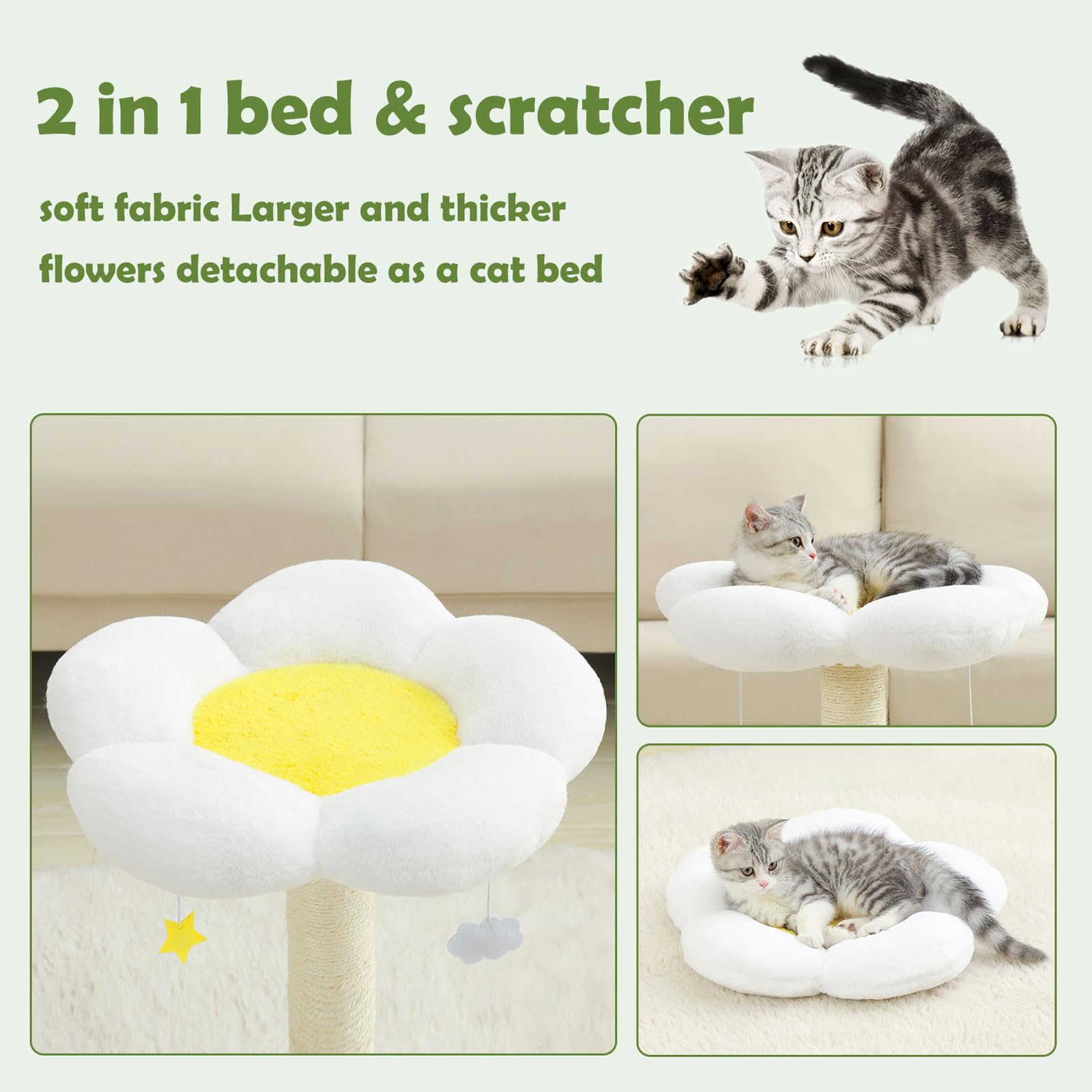 Hovicaed Cute Cat Scratching Post, Flower Cat Tree for Indoor Cats, Cat Scratcher with Bed, Sisal Scratch Posts Kittens Bed Large Perch Modern Small Cat Tower with Hanging Toys
