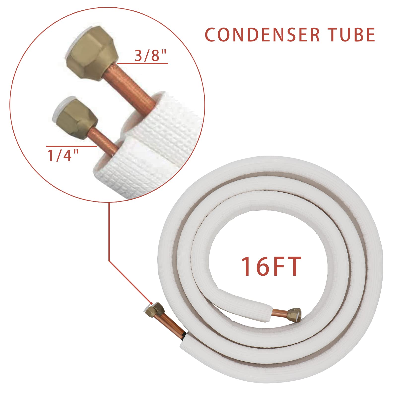 Mini Split Line Set, Air Conditioning Copper Tubing Pipe Extension-16FT, 1/4" 3/8" OD. for Mini Split Air Conditioner Insulated Coil Alloy Copper Pipe with Fittings (1/4,3/8)