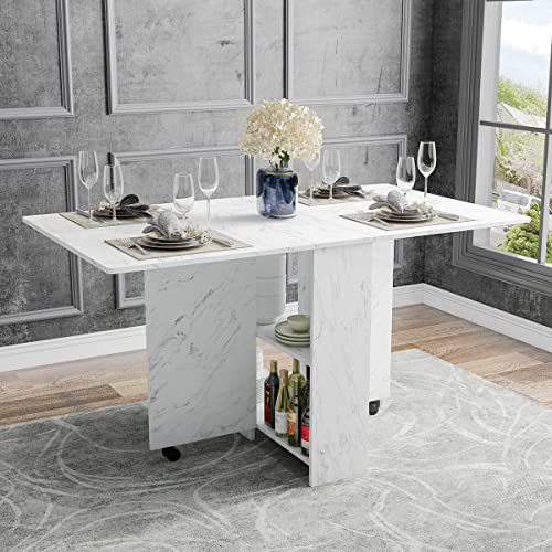 DINAZA Folding Dining Table Drop Leaf Table for Small Spaces with Storage Racks Multifunction Space Saving Table Extension Dinner Table for Kitchen Bedroom Dining Room White Marble