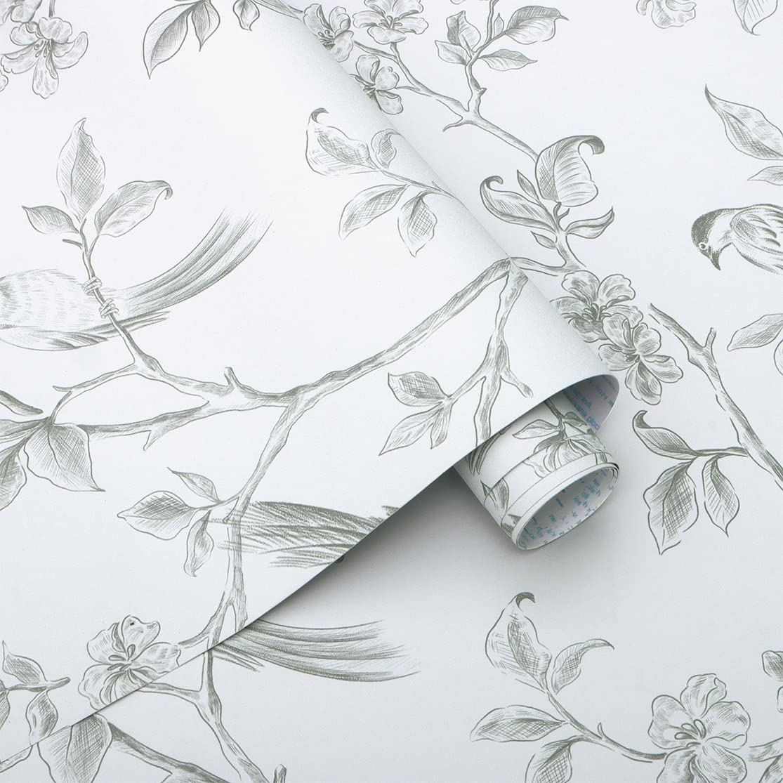 Timeet Floral Wallpaper Peel and Stick Wallpaper Vintage Bird Contact Paper 15.4 "x 118.11" Flower Self Adhesive Removable Wallpaper for Bedroom Living Room Decor (Black,White)