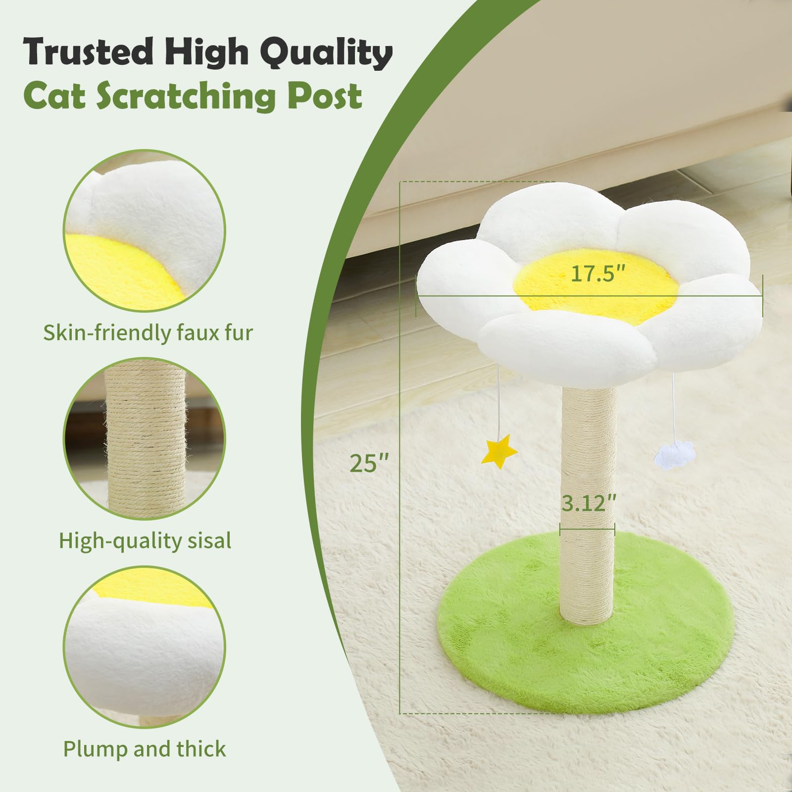 Hovicaed Cute Cat Scratching Post, Flower Cat Tree for Indoor Cats, Cat Scratcher with Bed, Sisal Scratch Posts Kittens Bed Large Perch Modern Small Cat Tower with Hanging Toys