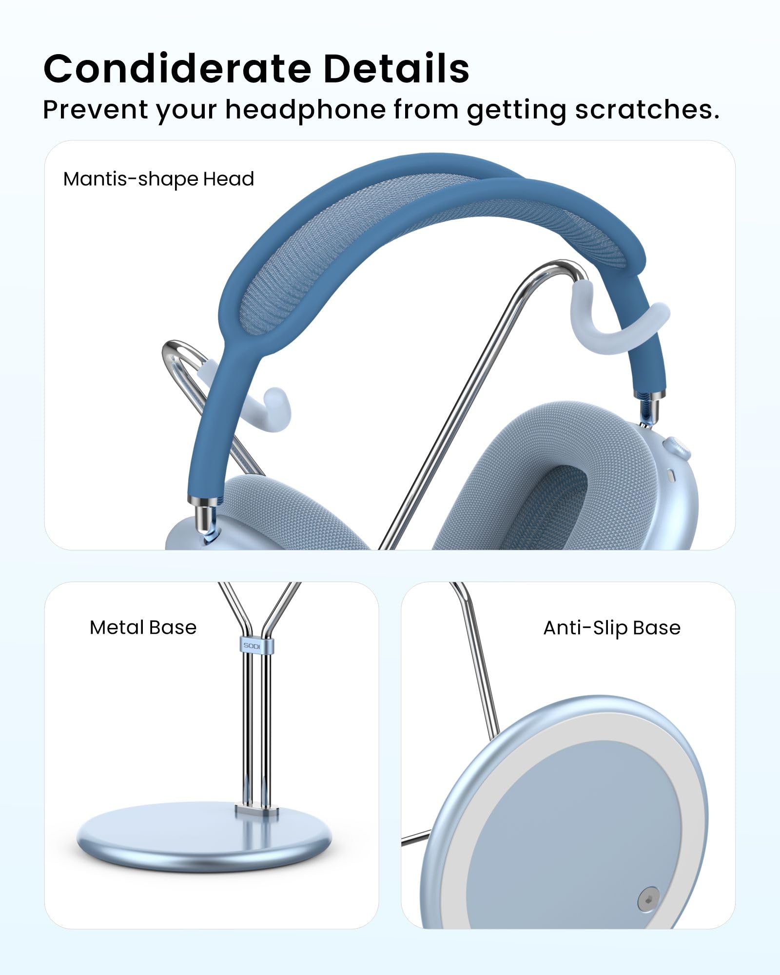 SODI Headphone Stand for AirPods Max - Desktop Headset Stand, Aluminum Anti-Slip Base Headphone Holder and Dock with Silicone Pad for Apple AirPods Max, Headphone Accessories for Desk, Blue