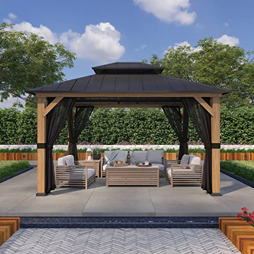 EAGLE PEAK 11x13 Hardtop Gazebo, Galvanized Steel Double Roof Gazebo with Cedar Wood Frame, Outdoor Pavilion with Netting for Patio, Deck, Lawn and Garden, Natural Wood/Black