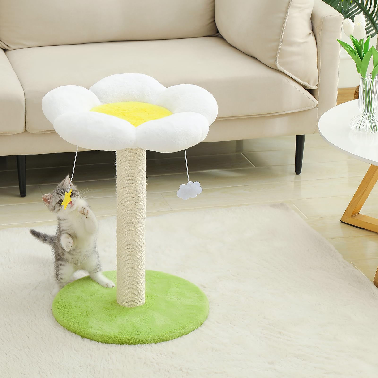 Hovicaed Cute Cat Scratching Post, Flower Cat Tree for Indoor Cats, Cat Scratcher with Bed, Sisal Scratch Posts Kittens Bed Large Perch Modern Small Cat Tower with Hanging Toys
