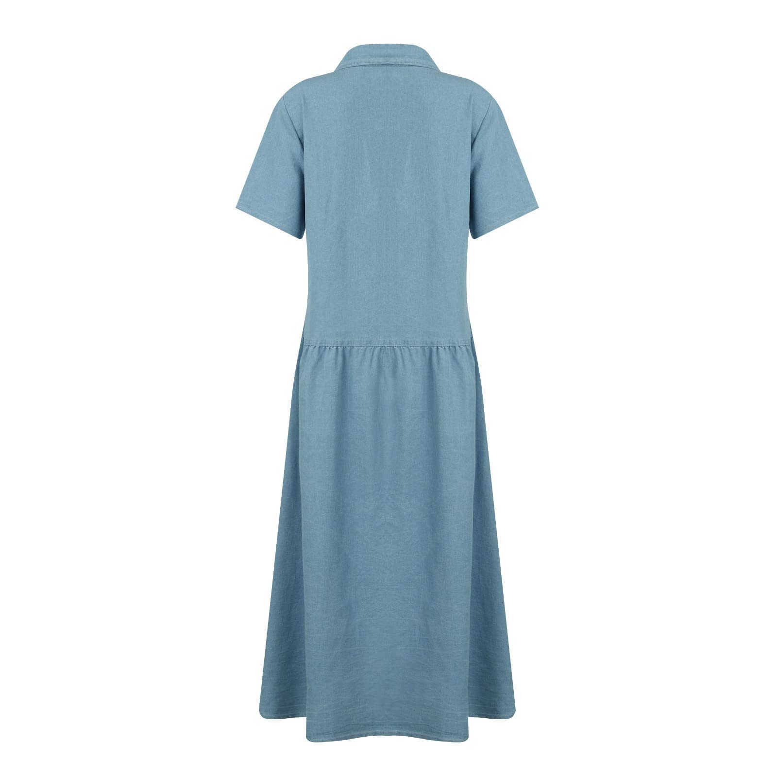 Summer Short Sleeve Sundress Lady Elegant Birthday Midi Baggy Denim Solid Button Lightweight V Neck Dress Women's Blue