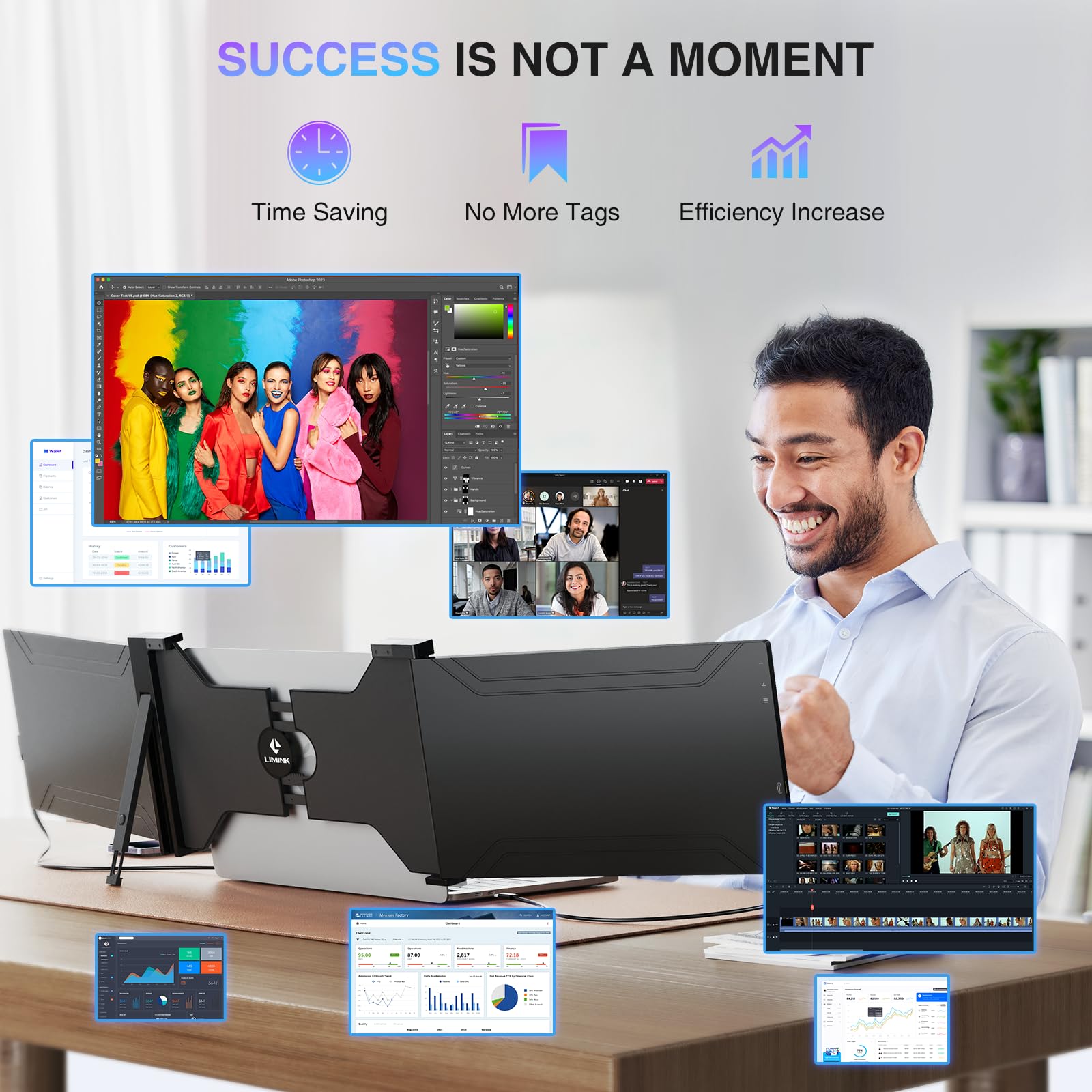 L LIMINK S20 15.4" Triple Portable Monitor for 15.6-18.5" Laptops | 1080P IPS HDR Dual Freestanding Narrow-Bezel Laptop Screen Extender | Compatible with MacOS & Windows | Powered by USB-C & HDMI