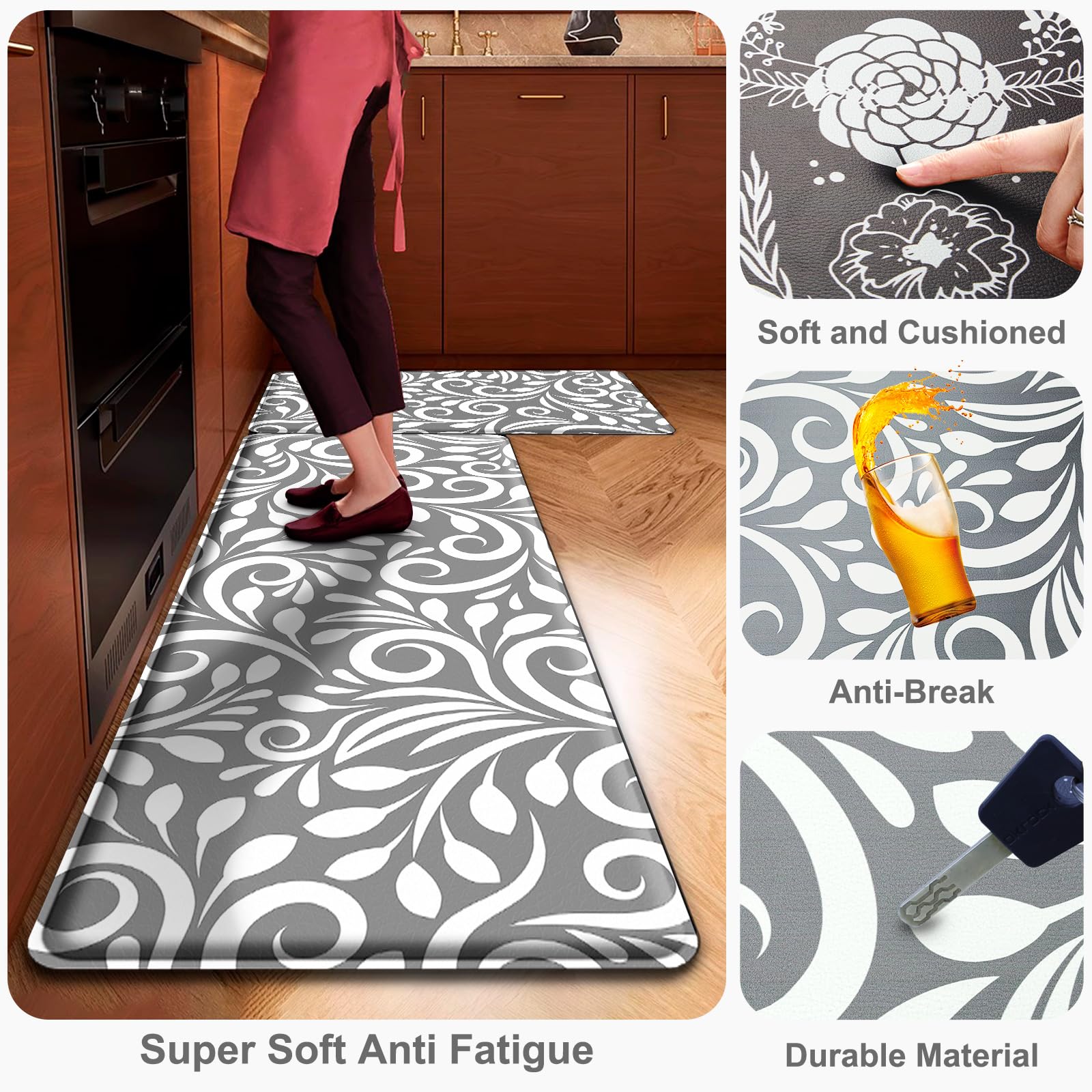 Wiabsi Anti Fatigue Kitchen Mats for Floor 2 Piece Set, [ 0.47'' Thick Heavy Duty] Cushioned Kitchen Rug Set, Waterproof Non-Slip Standing Kitchen Mat Runner Rugs for Desk Sink Laundry -Leaves