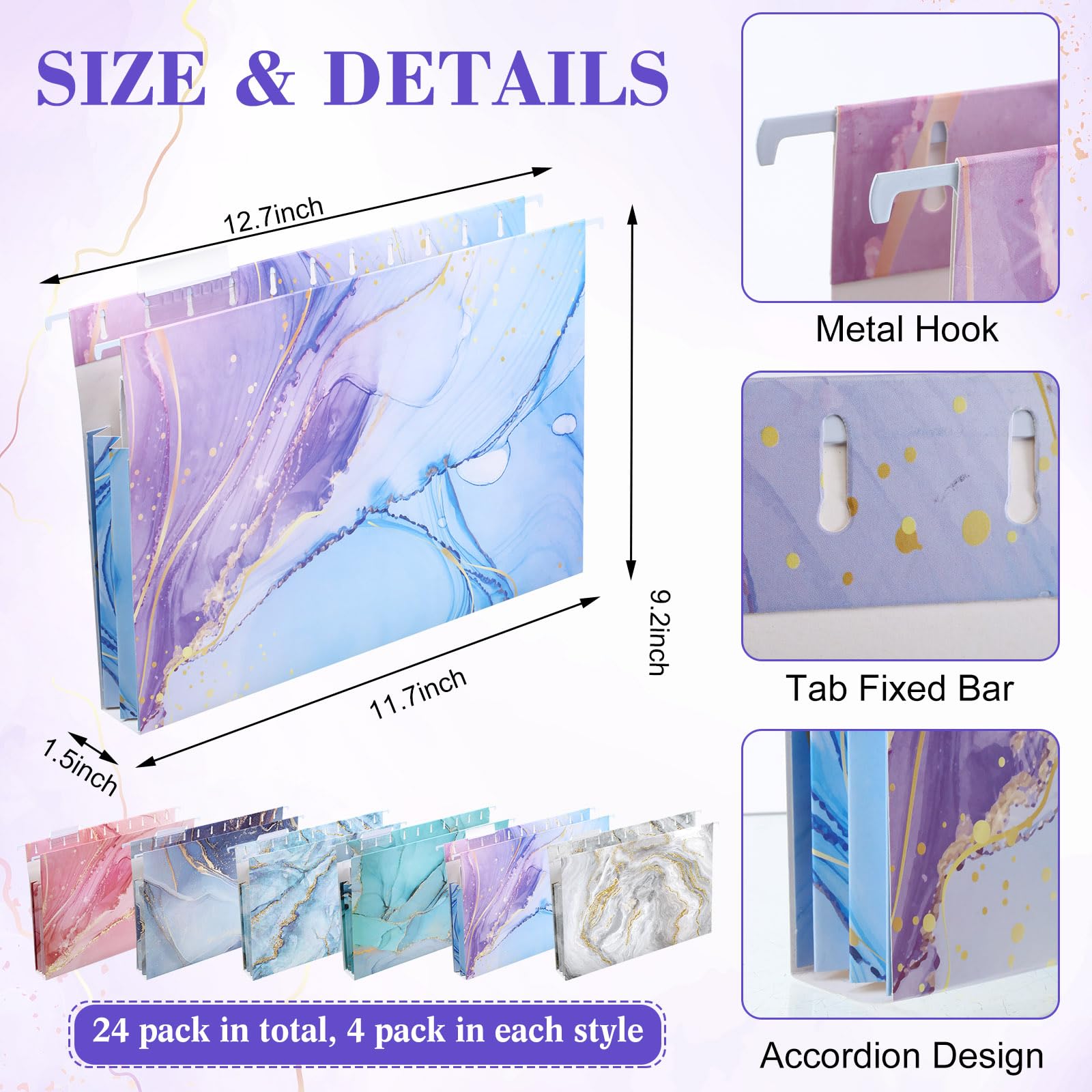 Qeeenar 24 Pcs Marble Desgin Decorative Hanging File Folder with 1/5 Cut Adjustable Tabs, Letter Size Gold Design File Folder Cabinet Inserts Organizer for Office School and Home