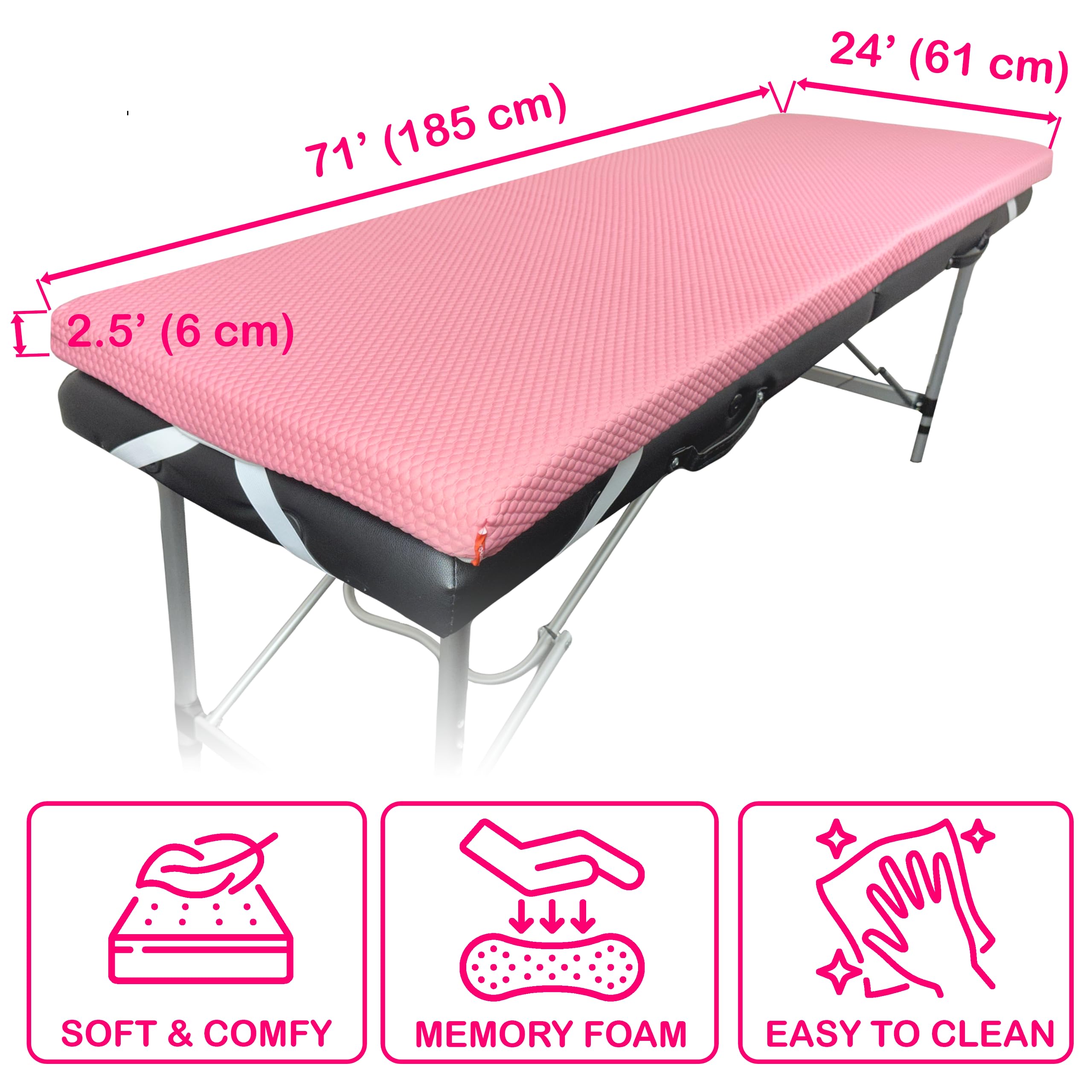 XOLLOZ Lash Bed Topper Memory Foam | 2.5in Thick Comfortable Mattress Topper for Lash Extension Table - with Four Corner Straps & Anti-Slip Bottom (Pink)