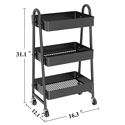 Wisdom Star 3 Tier Utility Rolling Cart, Heavy-Duty Mesh Storage Cart with Locking Wheels, Metal Mobile Trolley Cart for Home, Kitchen, Bathroom, Office,Black
