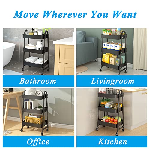 Wisdom Star 3 Tier Utility Rolling Cart, Heavy-Duty Mesh Storage Cart with Locking Wheels, Metal Mobile Trolley Cart for Home, Kitchen, Bathroom, Office,Black