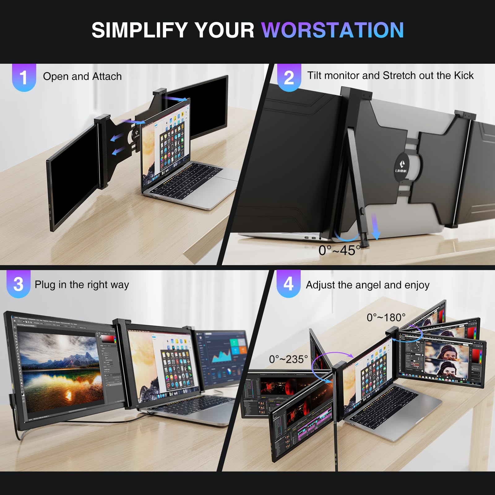 L LIMINK S20 15.4" Triple Portable Monitor for 15.6-18.5" Laptops | 1080P IPS HDR Dual Freestanding Narrow-Bezel Laptop Screen Extender | Compatible with MacOS & Windows | Powered by USB-C & HDMI