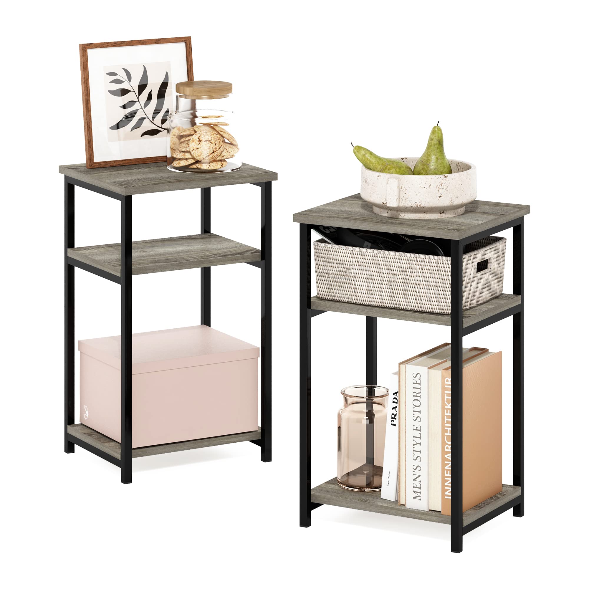 Furinno Just 3-Tier Metal Frame End Table with Storage Shelves, 2-Pack, French Oak
