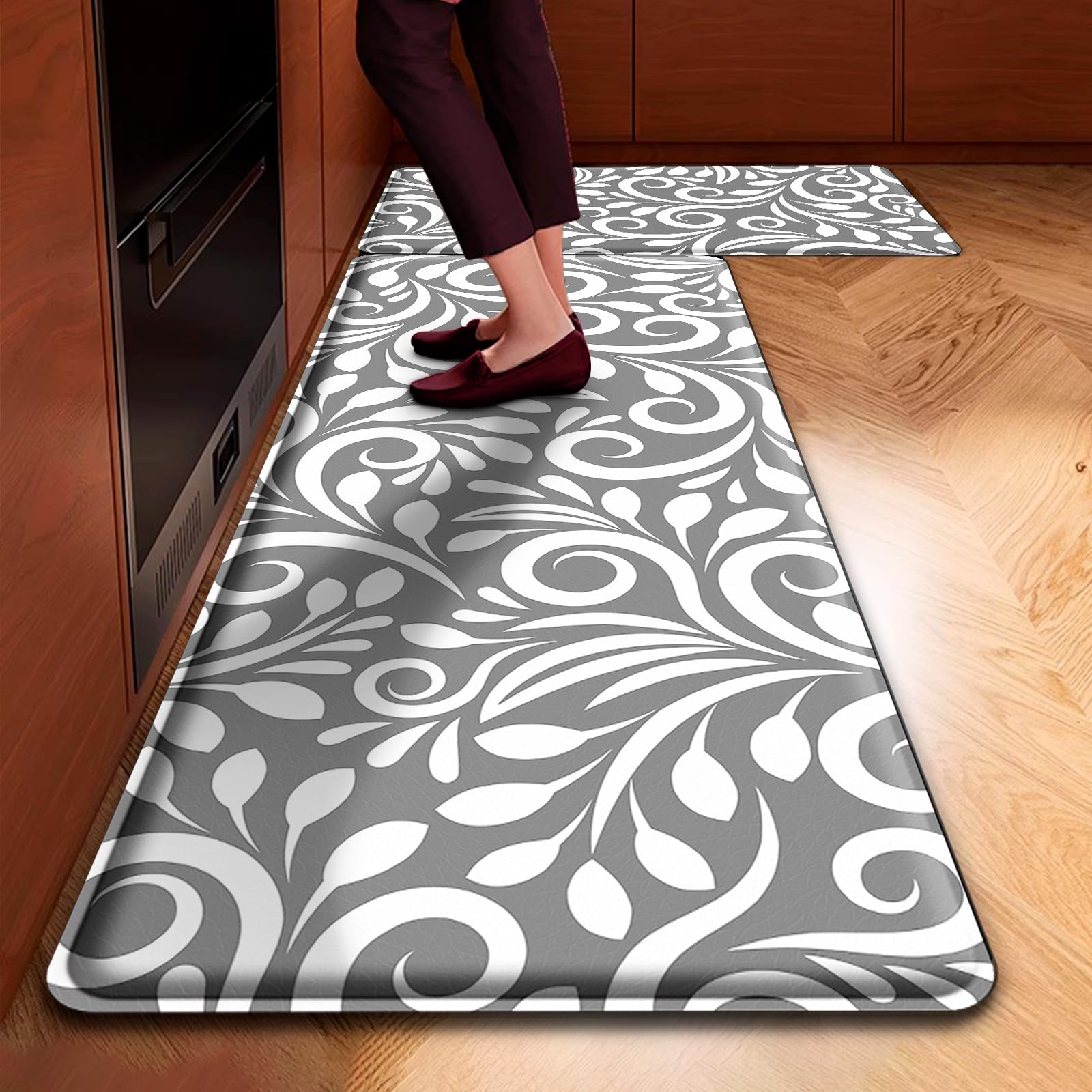 Wiabsi Anti Fatigue Kitchen Mats for Floor 2 Piece Set, [ 0.47'' Thick Heavy Duty] Cushioned Kitchen Rug Set, Waterproof Non-Slip Standing Kitchen Mat Runner Rugs for Desk Sink Laundry -Leaves