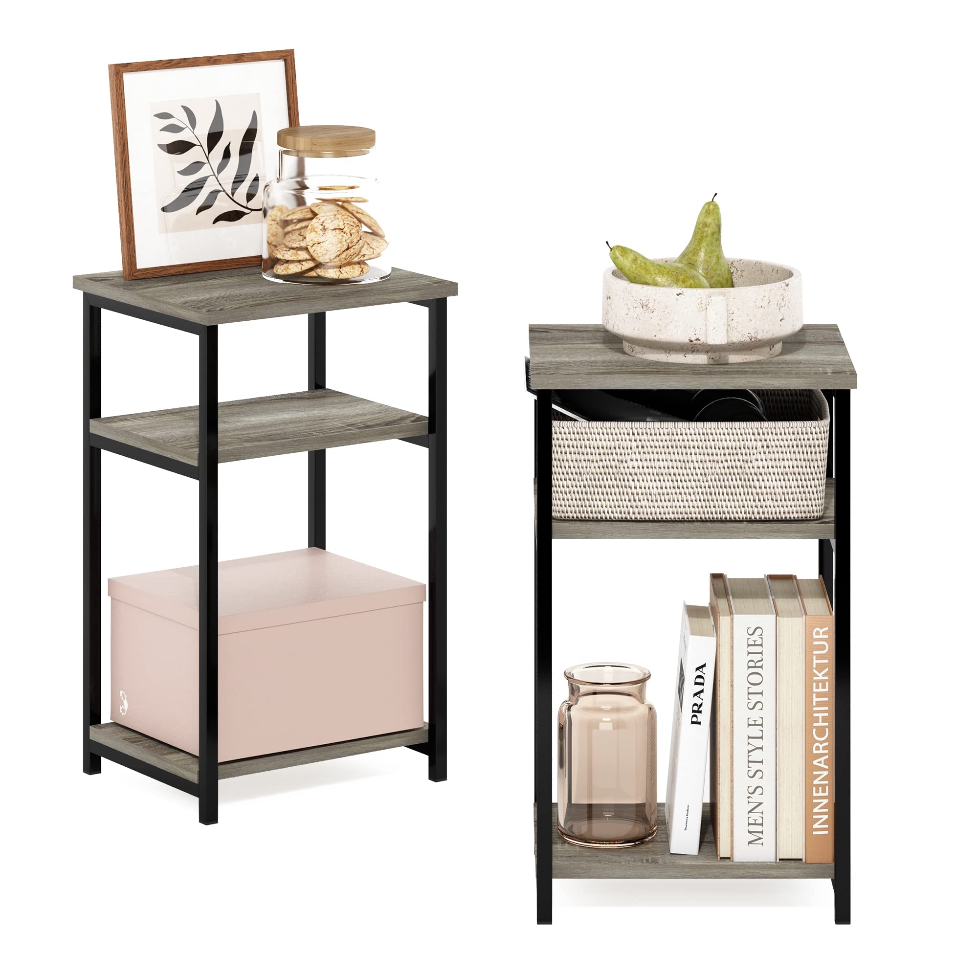 Furinno Just 3-Tier Metal Frame End Table with Storage Shelves, 2-Pack, French Oak