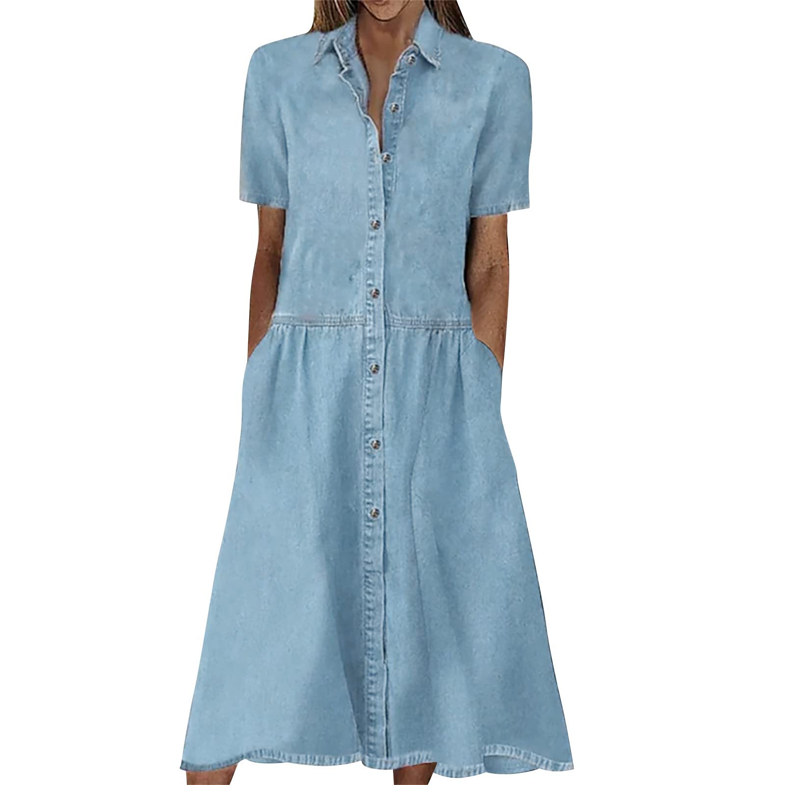 Summer Short Sleeve Sundress Lady Elegant Birthday Midi Baggy Denim Solid Button Lightweight V Neck Dress Women's Blue