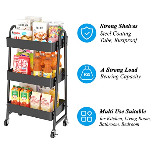 Wisdom Star 3 Tier Utility Rolling Cart, Heavy-Duty Mesh Storage Cart with Locking Wheels, Metal Mobile Trolley Cart for Home, Kitchen, Bathroom, Office,Black