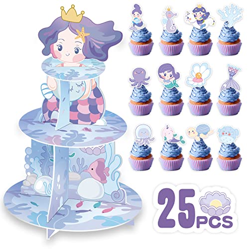 HPMNS Mermaid Cupcake Stand 24 pcs Cupcake Toppers for Mermaid Birthday Party Decorations Favors Supplies 3 Tier Mermaid Cupcake Tower Holder Mermaid Baby Shower Decorations