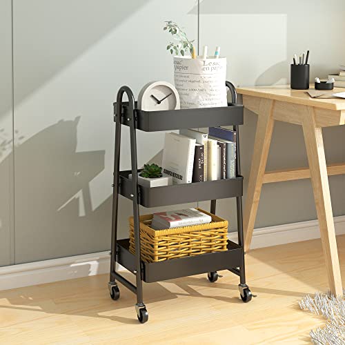 Wisdom Star 3 Tier Utility Rolling Cart, Heavy-Duty Mesh Storage Cart with Locking Wheels, Metal Mobile Trolley Cart for Home, Kitchen, Bathroom, Office,Black