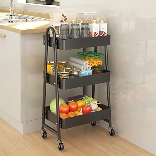 Wisdom Star 3 Tier Utility Rolling Cart, Heavy-Duty Mesh Storage Cart with Locking Wheels, Metal Mobile Trolley Cart for Home, Kitchen, Bathroom, Office,Black