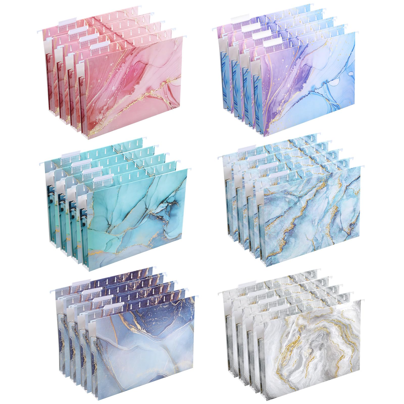 Qeeenar 24 Pcs Marble Desgin Decorative Hanging File Folder with 1/5 Cut Adjustable Tabs, Letter Size Gold Design File Folder Cabinet Inserts Organizer for Office School and Home