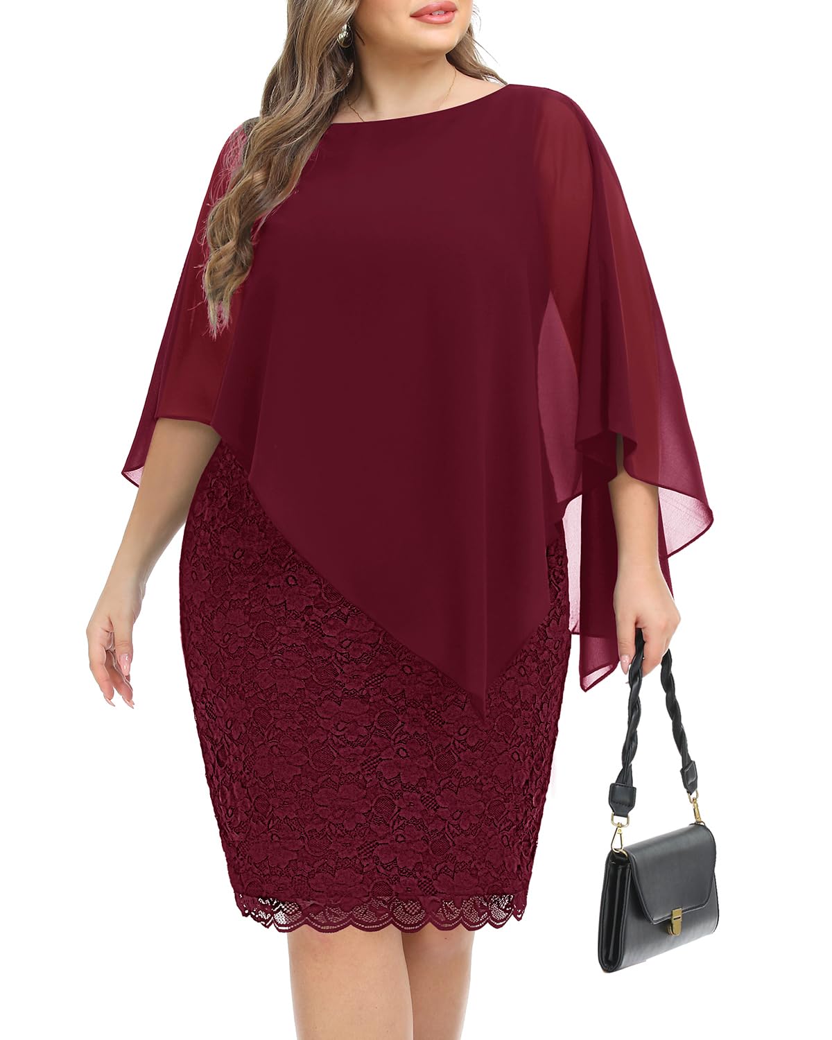 Burgundy Plus Size Dresses Wedding Guest Red Formal Cocktail Party Women Ladies Mother Cape Chiffon Lace Overlay Dress