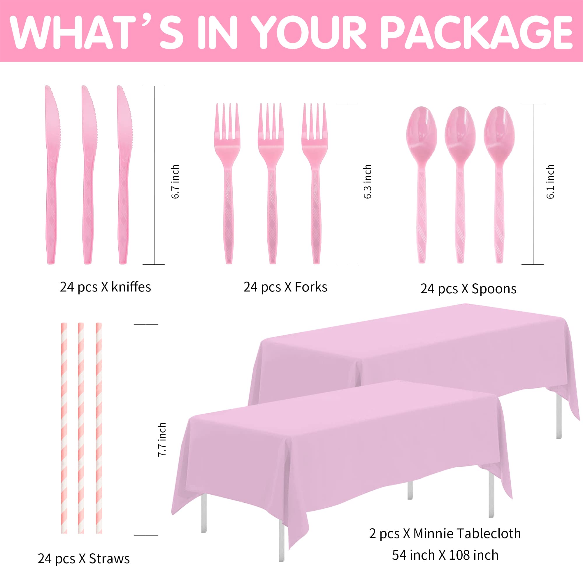 HIPVVILD Minnie Birthday Party Supplies, Minnie Theme Mouse Decorations Tableware, Plate, Napkin, Cup, Backdrop, Balloon Arch, Tablecloth, Cutlery, Minnie 1st 2nd 3rd Birthday Decorations | Serve 24