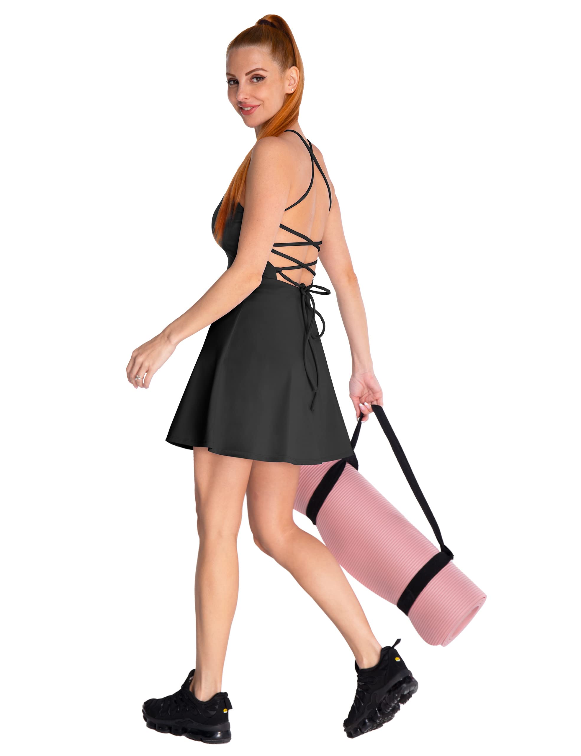 Desol Womens Two Pieces Tennis Dress with Shorts, Golf Workout Open Back Athletic Dress with Built in Bra for Women Black