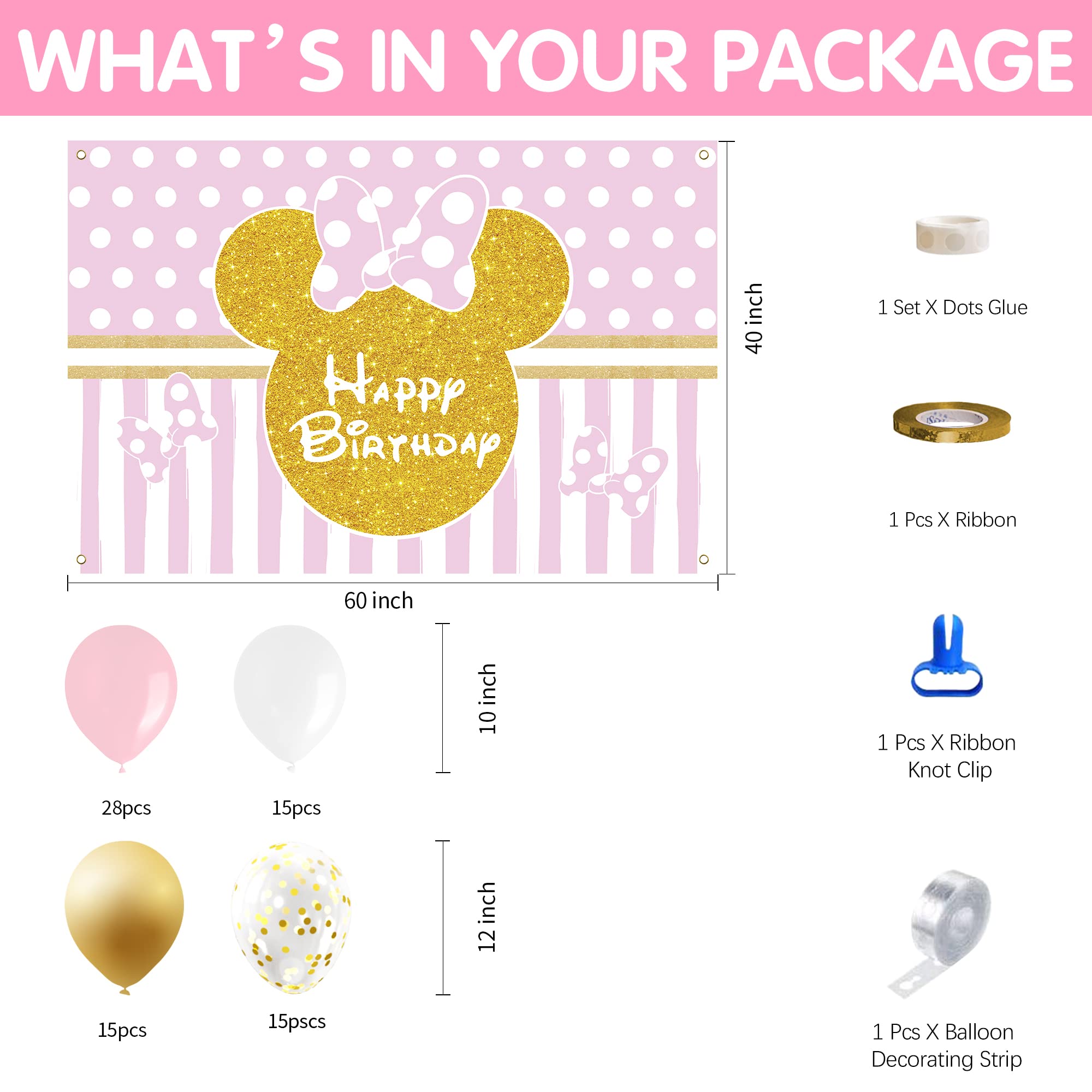 HIPVVILD Minnie Birthday Party Supplies, Minnie Theme Mouse Decorations Tableware, Plate, Napkin, Cup, Backdrop, Balloon Arch, Tablecloth, Cutlery, Minnie 1st 2nd 3rd Birthday Decorations | Serve 24