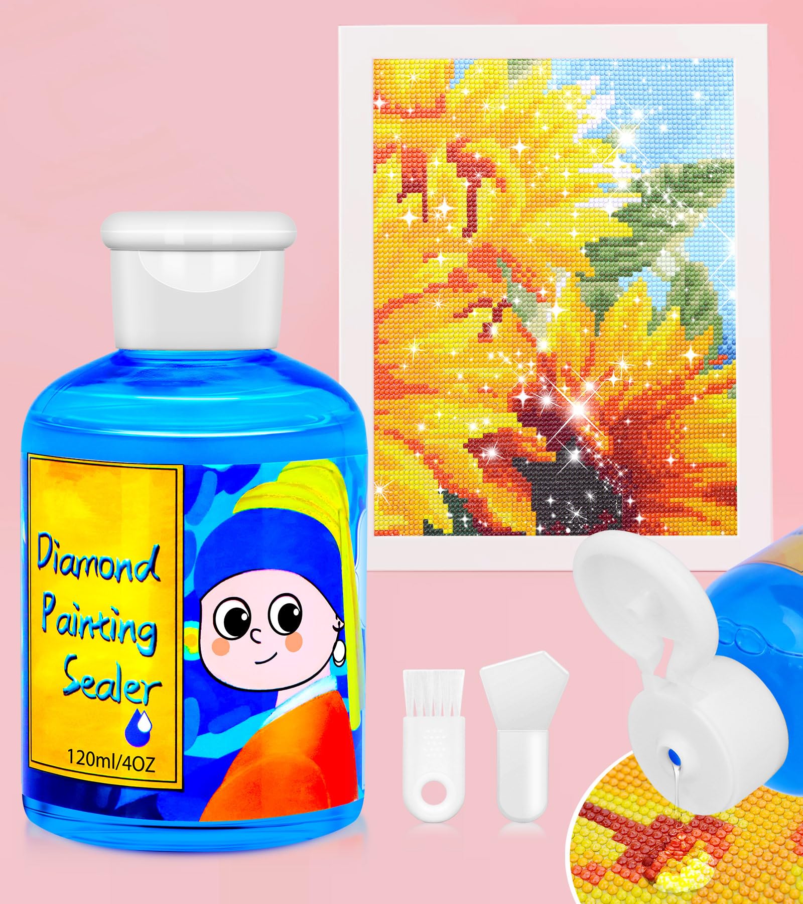 Diamond Painting Sealer 120 ML/4 OZ with Silicone Brush, 5D Diamond Art Sealer Permanent Hold Shine Effect for Protect Diamond Painting and Puzzle, Non-Toxic Glue Used by Adult and Children Safely