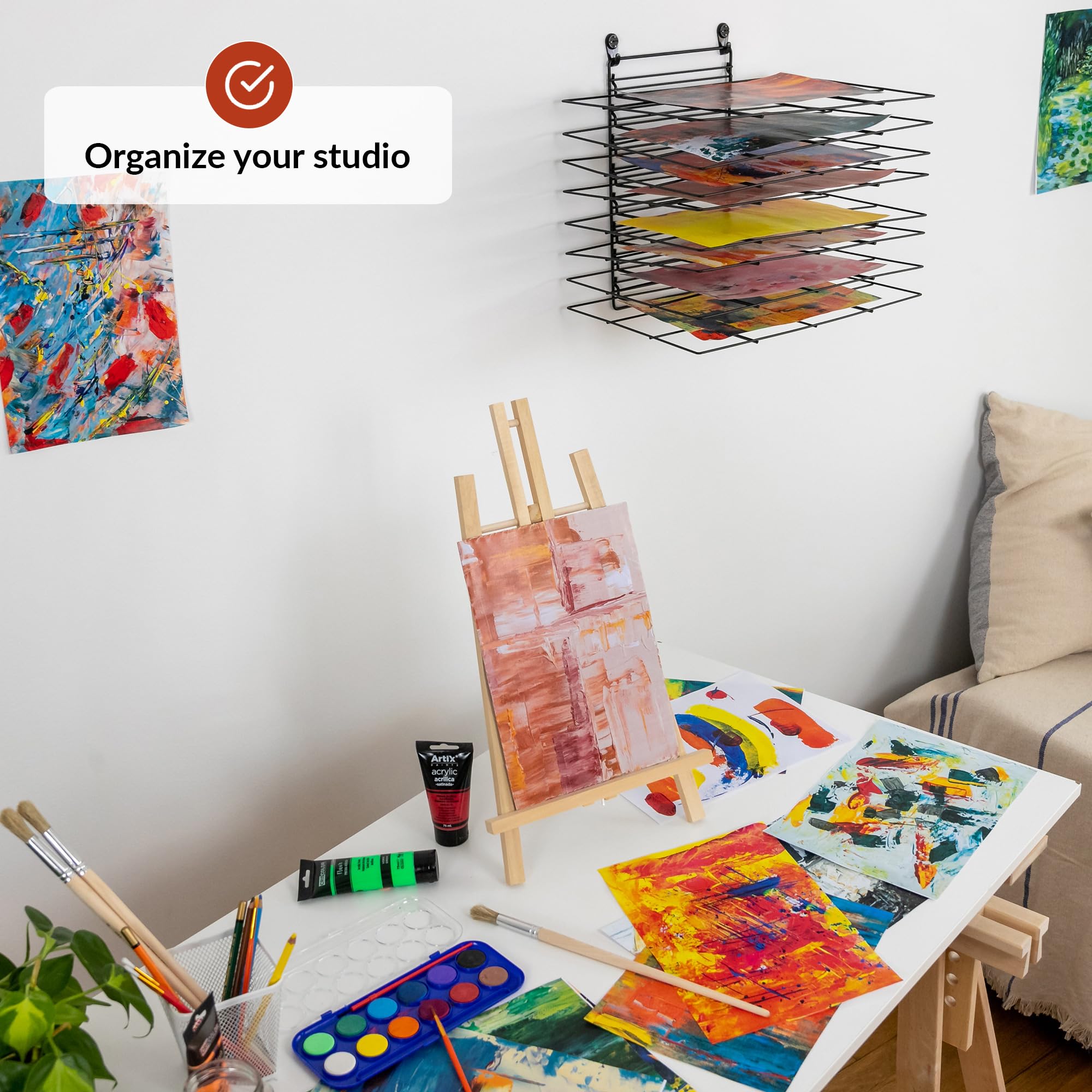 Art Drying Rack Hanging for Classroom | Small Hangable Paint Drying Rack | 8 Removable Shelves | Canvas Rack Art Storage | Painting Drying Rack with Hooks | Stack Rack for Painting, Drawings, And More