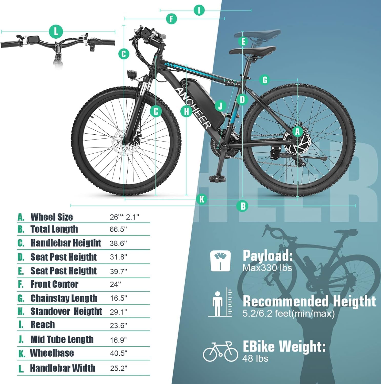 ANCHEER Electric Bike for Adults, 500W EBike, 500WH E Bike, 3.5H Fast Charge, 21-Speed Gears Bikes, 26 * 2.1'' Mountain Digital Display, Cruise Control, Ebikes, Blue