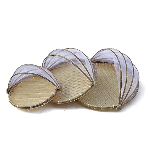 Serving Baskets Covered Round Bamboo Serving Food Tent Basket Bread Storage Container with Mesh Food Nets Fruit Cover