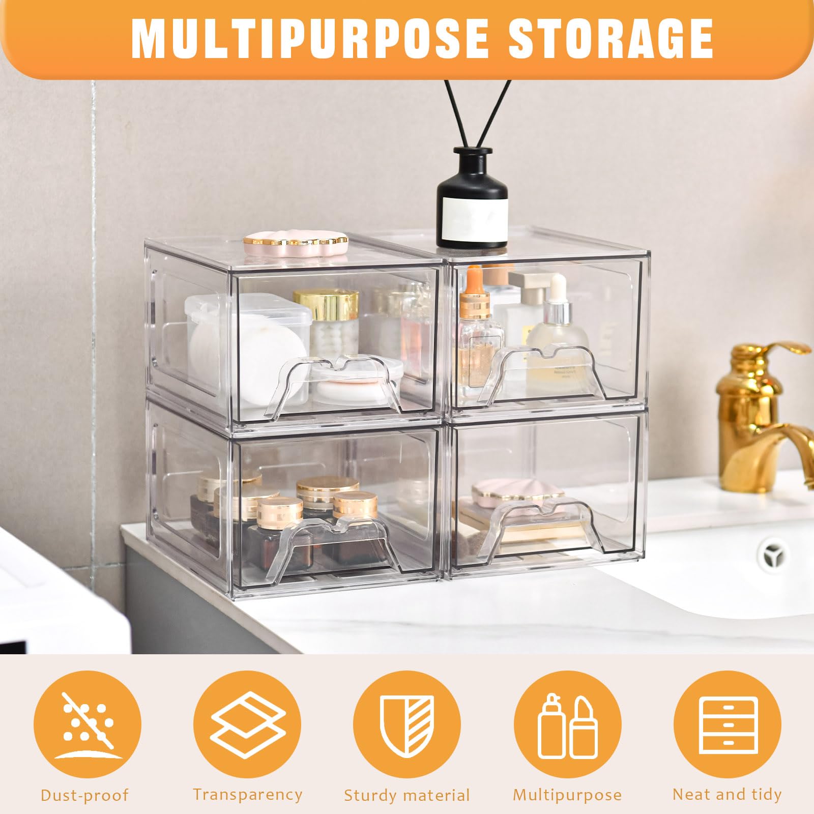 Stebopum Clear Acrylic Makeup Storage Organizer, 3 Pack Stackable Perfume Organizer with Detachable Stands, Dustproof Cosmetic Display Cases with Magnetic Door for Vanity, Bathroom Countertop